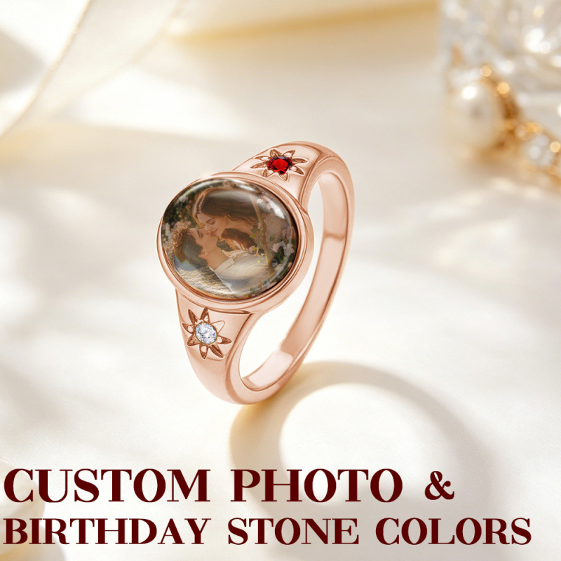 Custom Oval Photo Ring with 2 Birthstones – Personalized Gold Picture ...