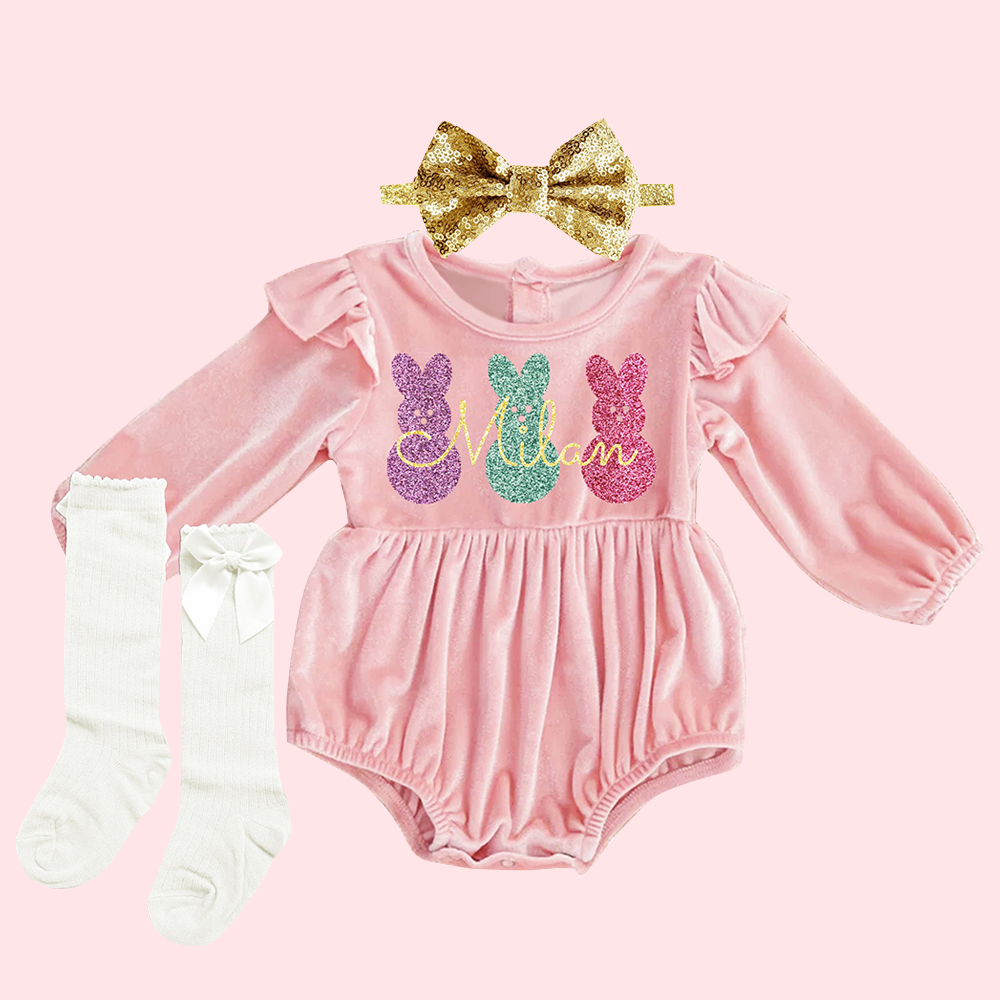 Personalized Easter Velvet Girl Glitter Monogrammed Romper| BBcloth84