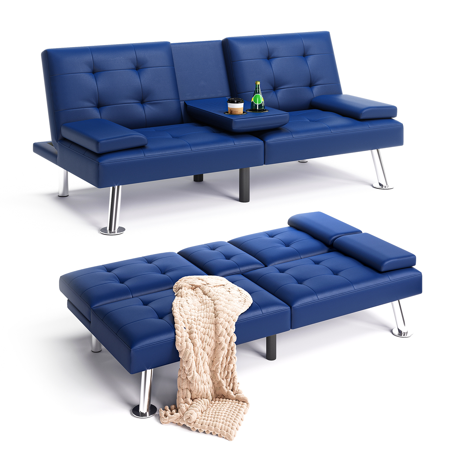 Blue leather futon store