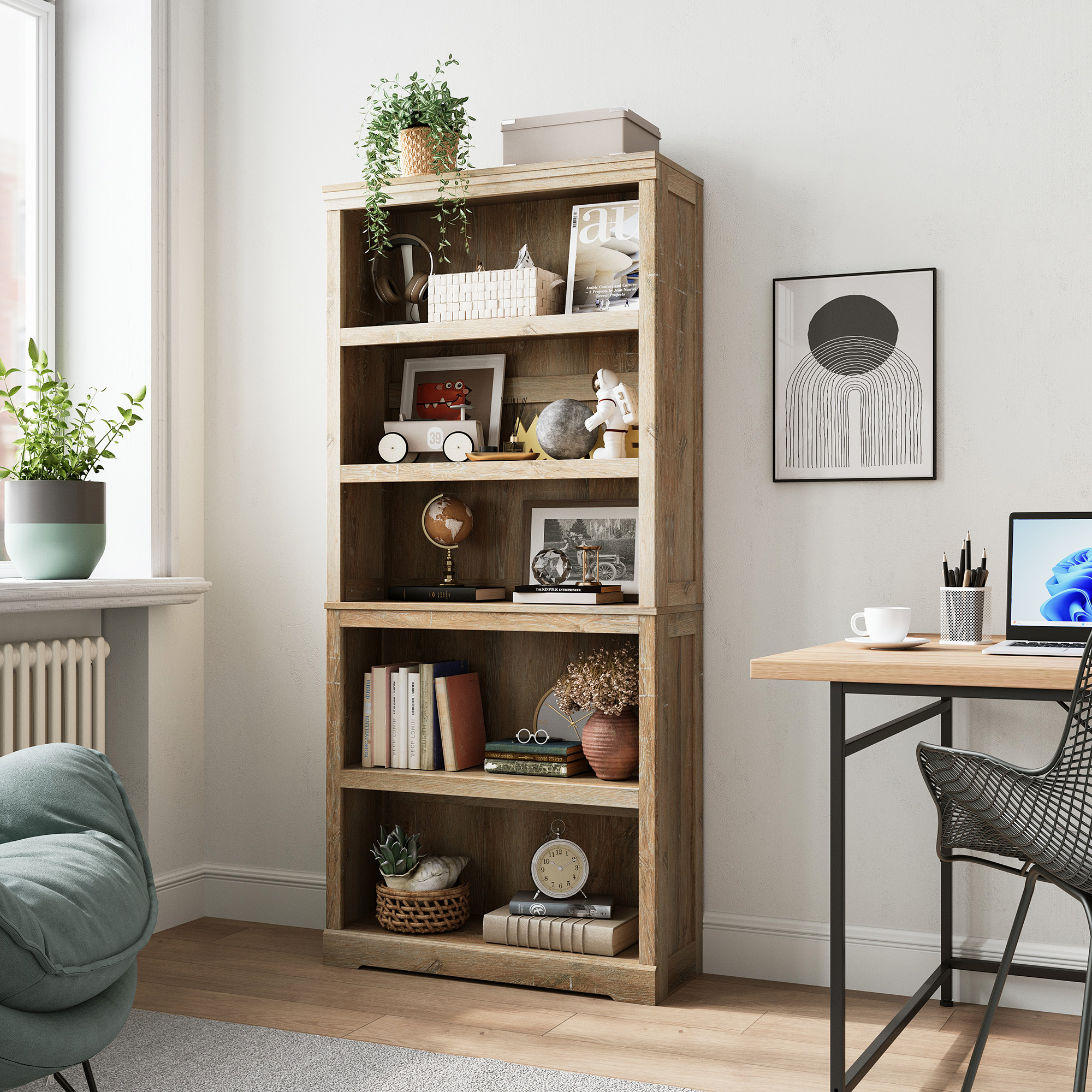 68in 5 Tier Bookshelf Tall Bookcase Shelf Storage Organizer Modern B