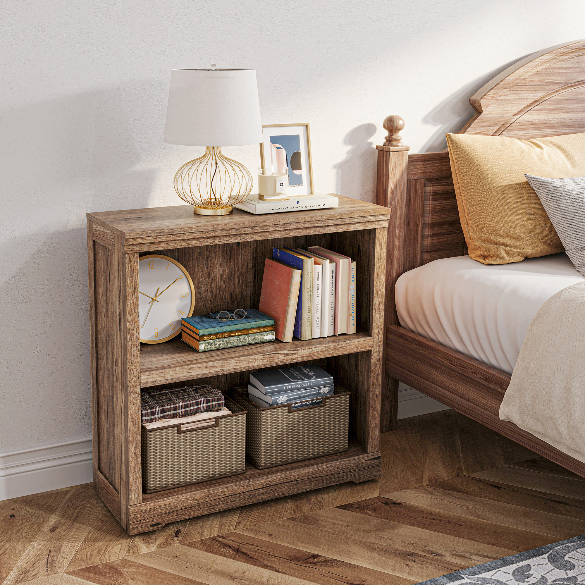 Linsy Home 2 Tier Bookcase Farmhouse Bookshelf Wood Dark Brown