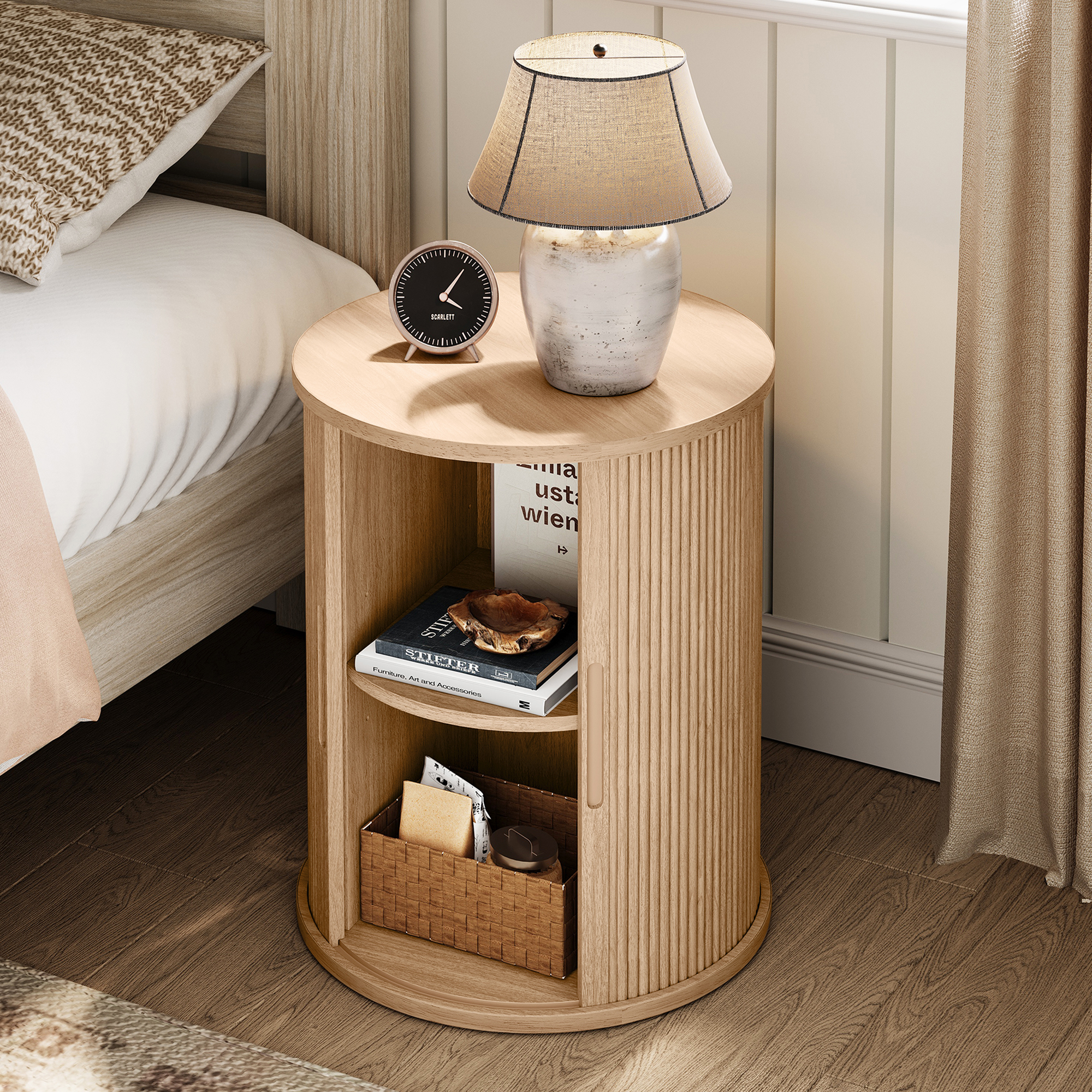 Linsy Home Round End Table Nightstand for Living Room Bedroom Oak