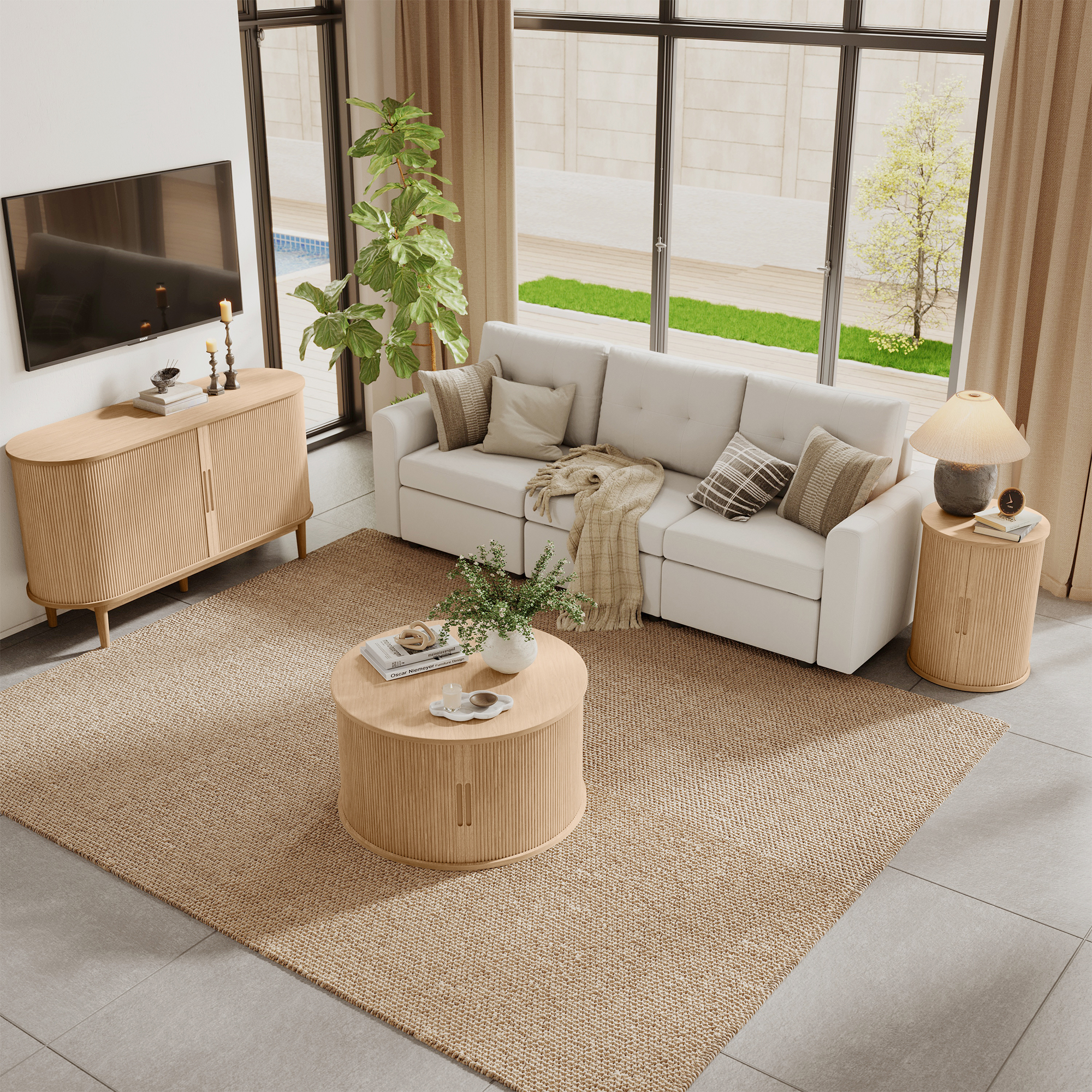 Round Fluted Coffee Table with Large Storage Mid Century Style Sliding Tambour Door for Living Room
