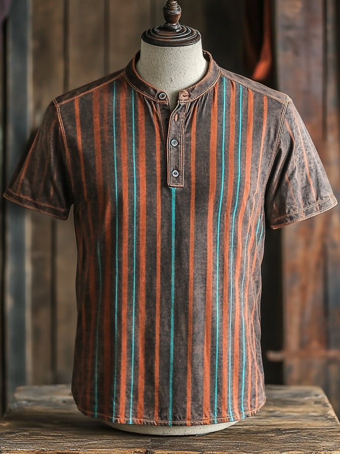 Men's Vintage Distressed Striped Henley Short Sleeve T-Shirt