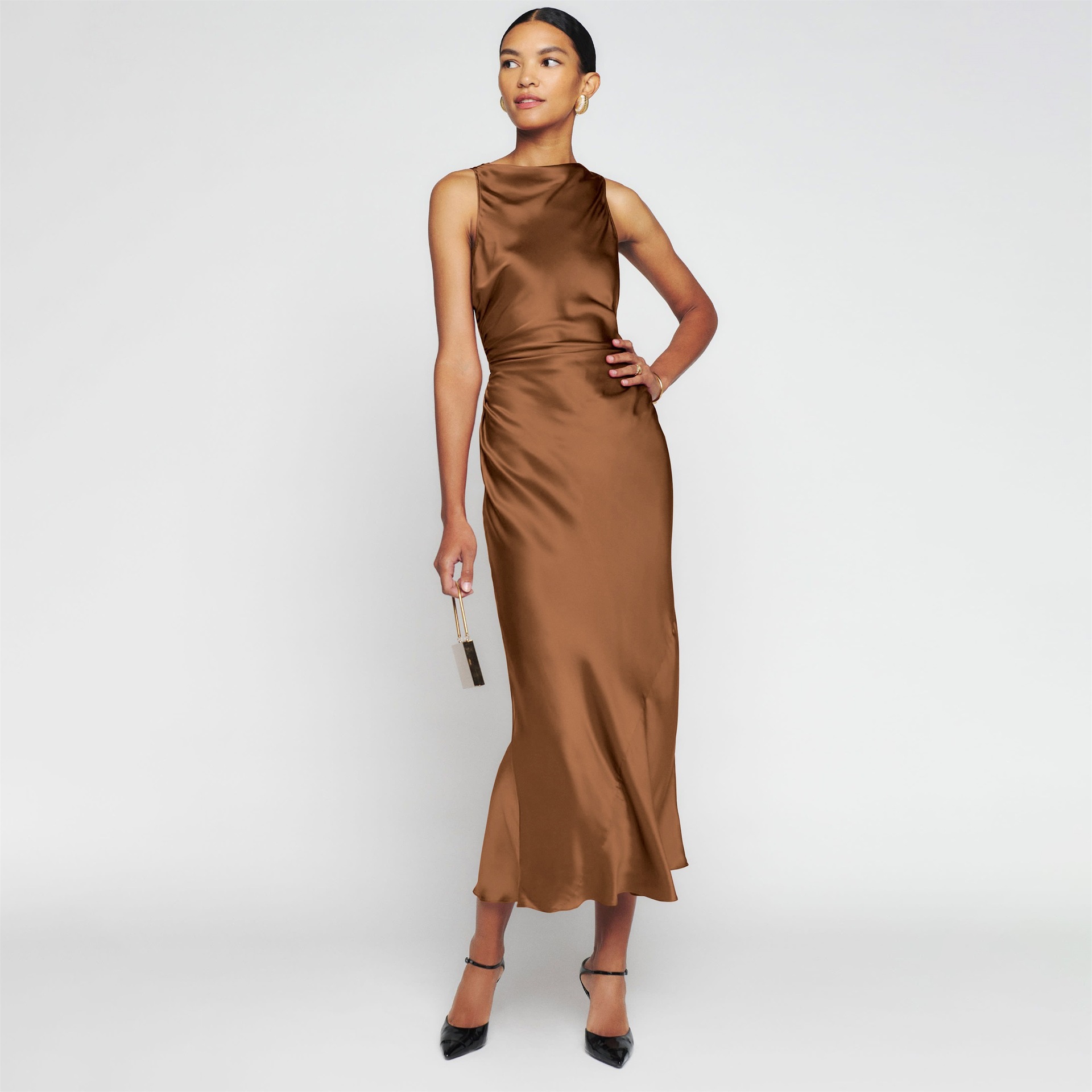 Cowl Neck Satin Back Cross Long Dress-J.ING