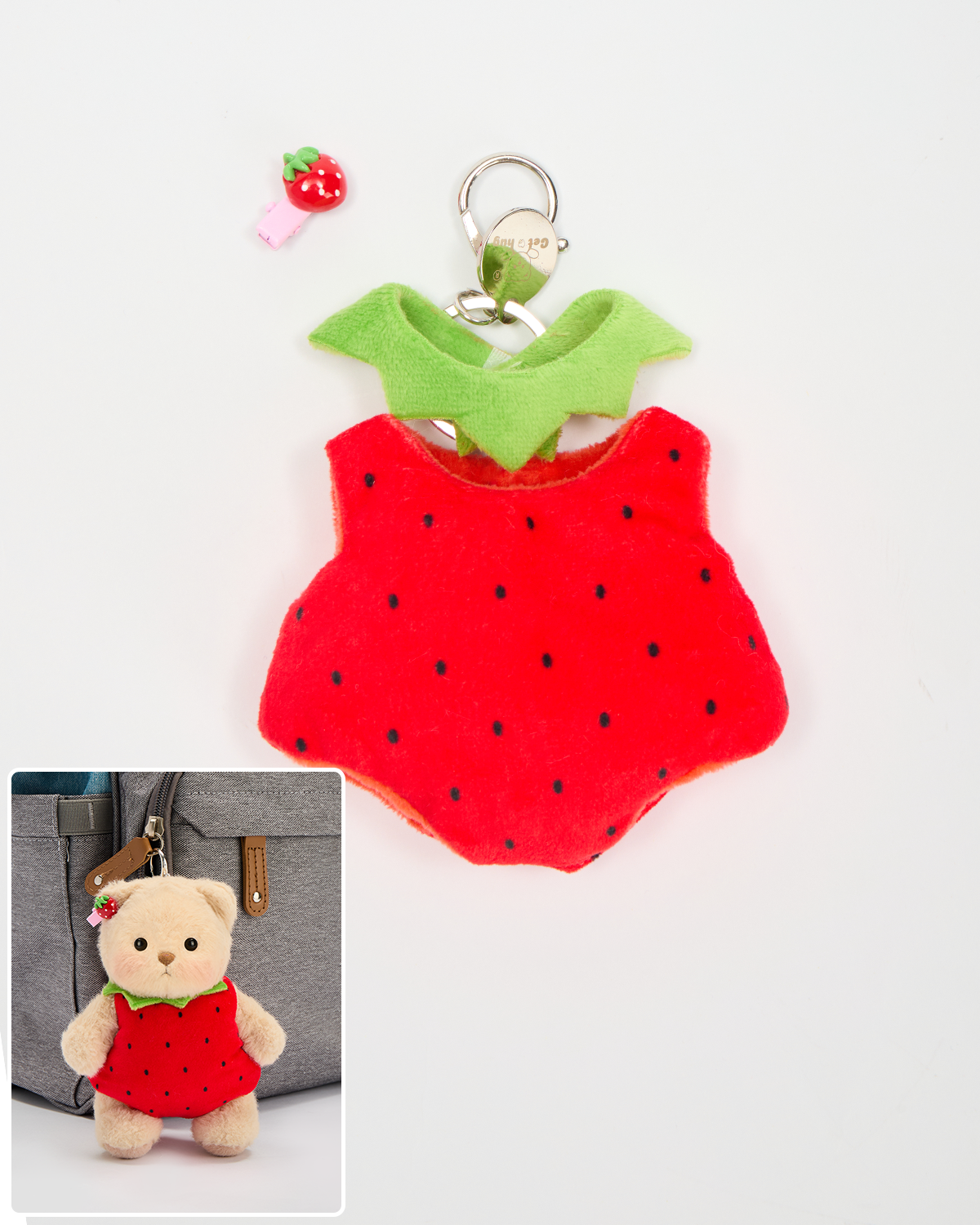 Getahug 5.9 Inches🍓Strawberry Brown Mini Bear Bag Charm Keychains Gif