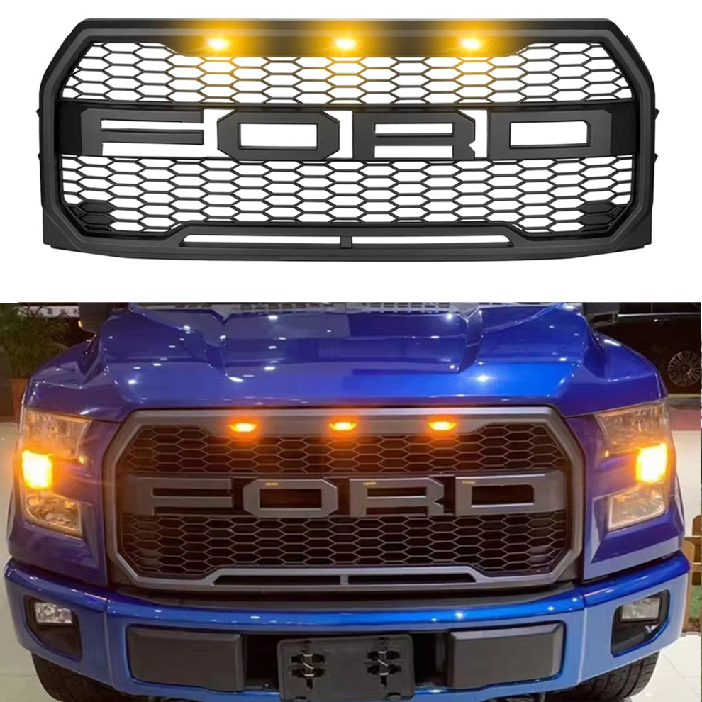 For 2015-2017 FORD F150 Raptor Style Front Grille w/LED Matte Black ...
