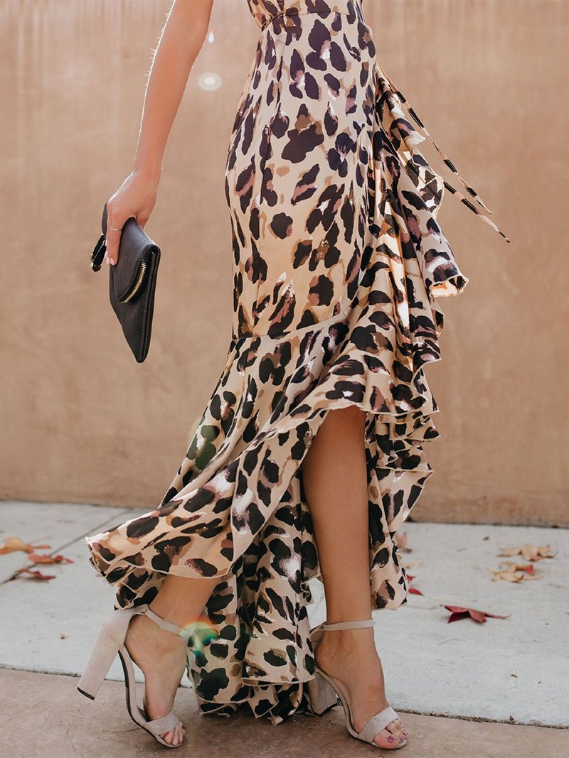 Sexy V Neck Leopard Print Sleeveless Maxi Dresses