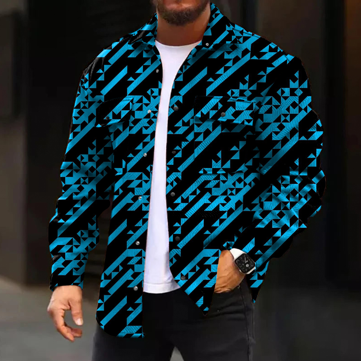 Men's Casual Jacket Geometry Plaid Print Long Sleeve Pockets Jacket