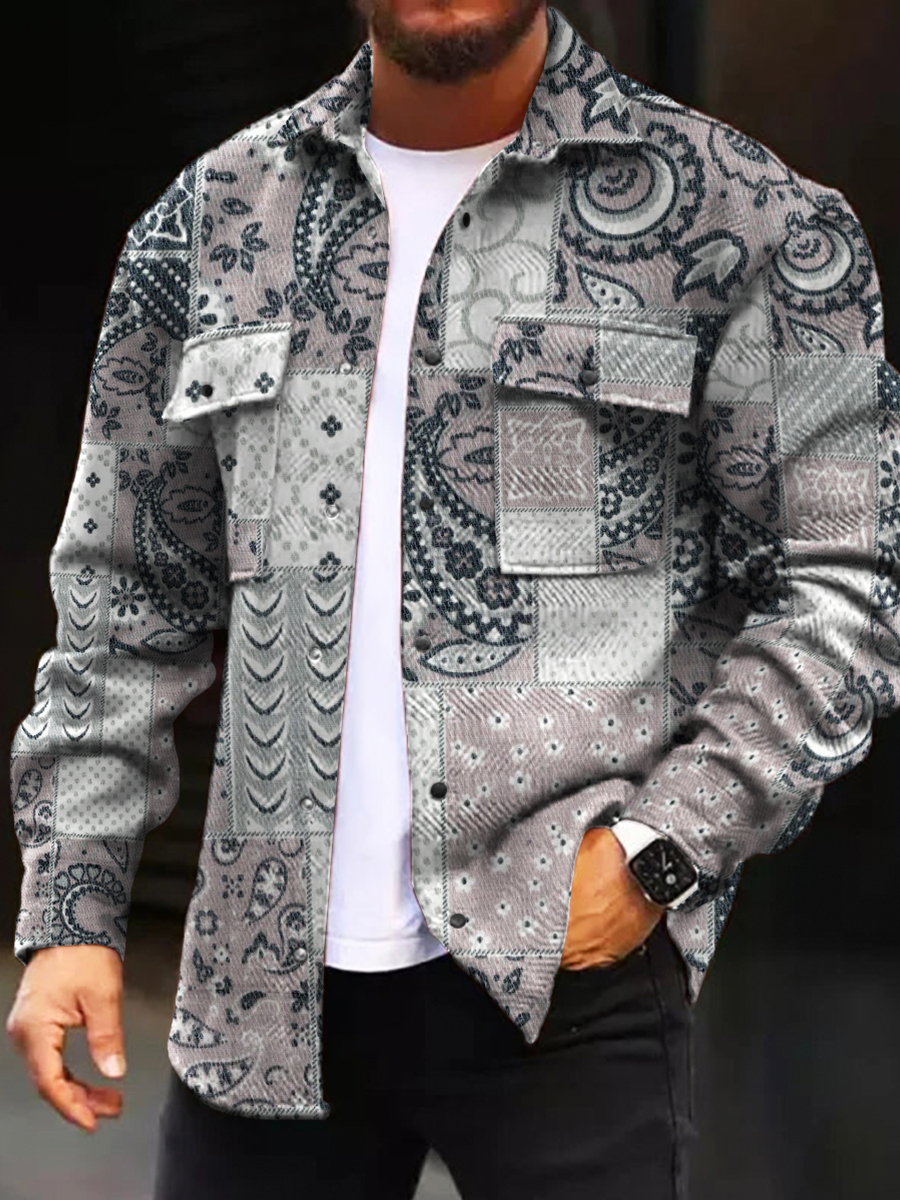 Mens Casual Jacket Art Paisley Print Long Sleeve Pockets Jacket
