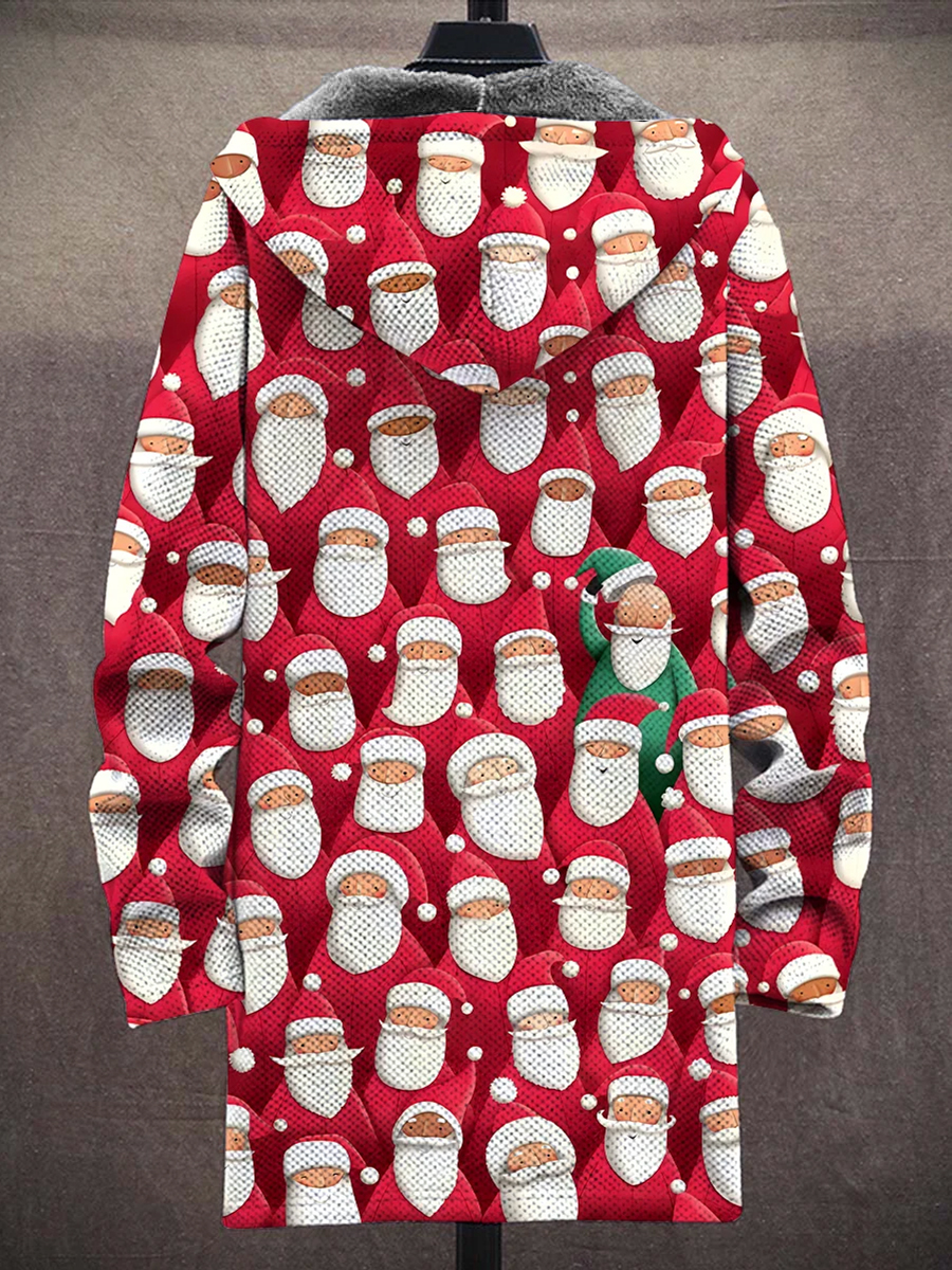 Men's Christmas Santa Print Hooded Two-Pocket Fleece Cardigan Jacket