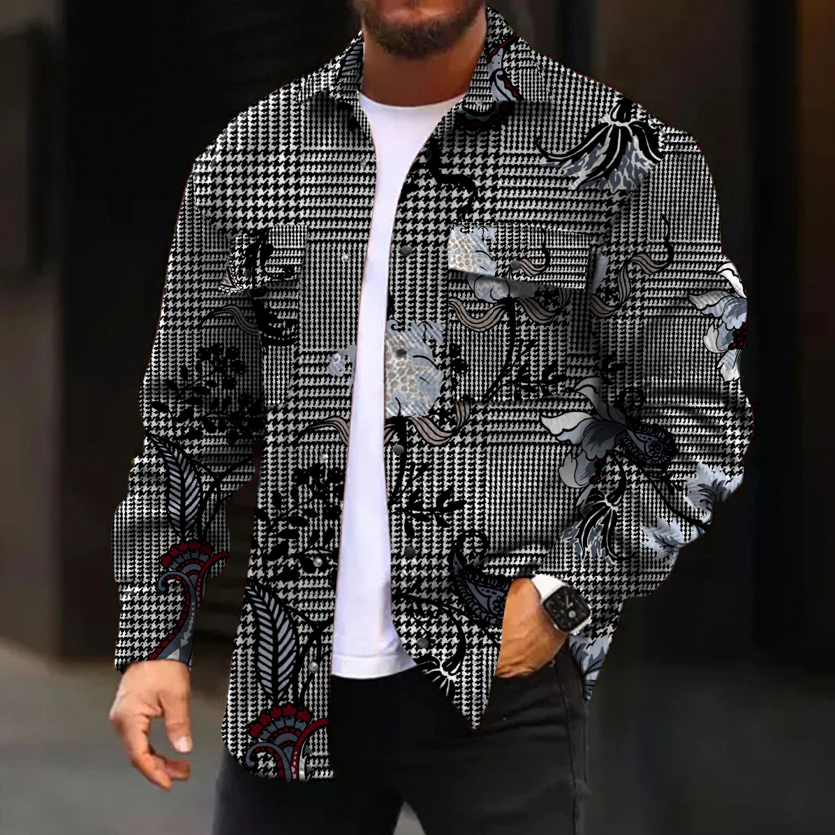 Mens Casual Jacket Fashion Floral Plaid Printed Long Sleeve Pocket Jacket