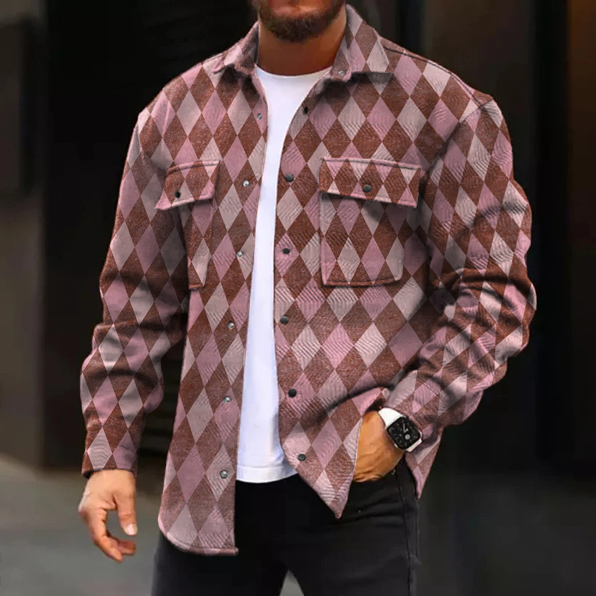 Mens Casual Jacket Retro Old Rose Plaid Print Long Sleeve Pockets