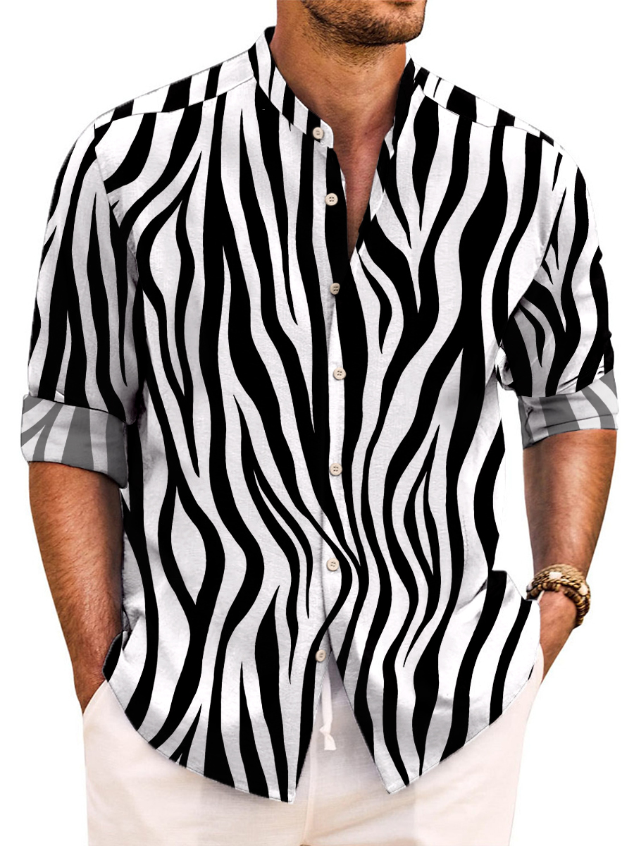 Casual Zebra Print Easy Care Aloha Long Sleeve Shirts