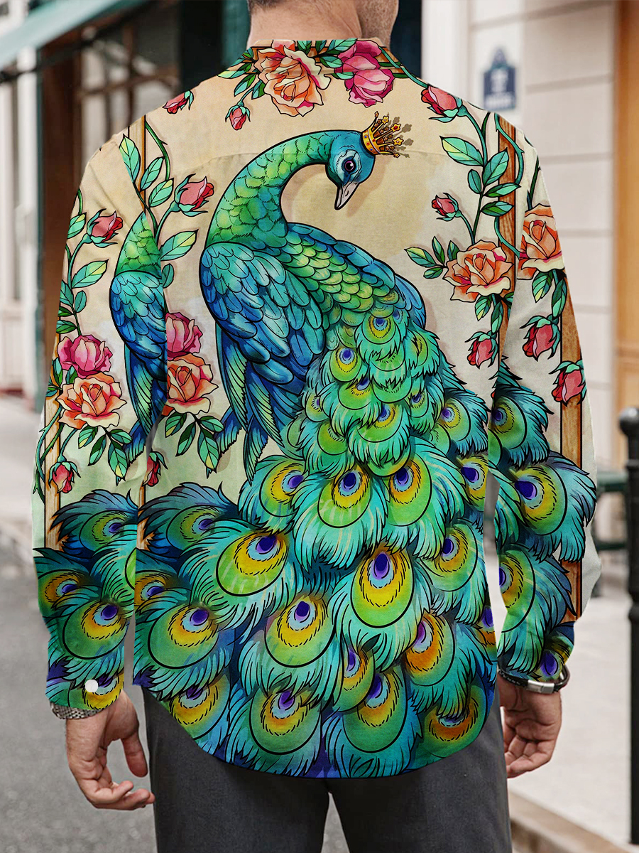 Men's Peacock Print Long Sleeve Shirt