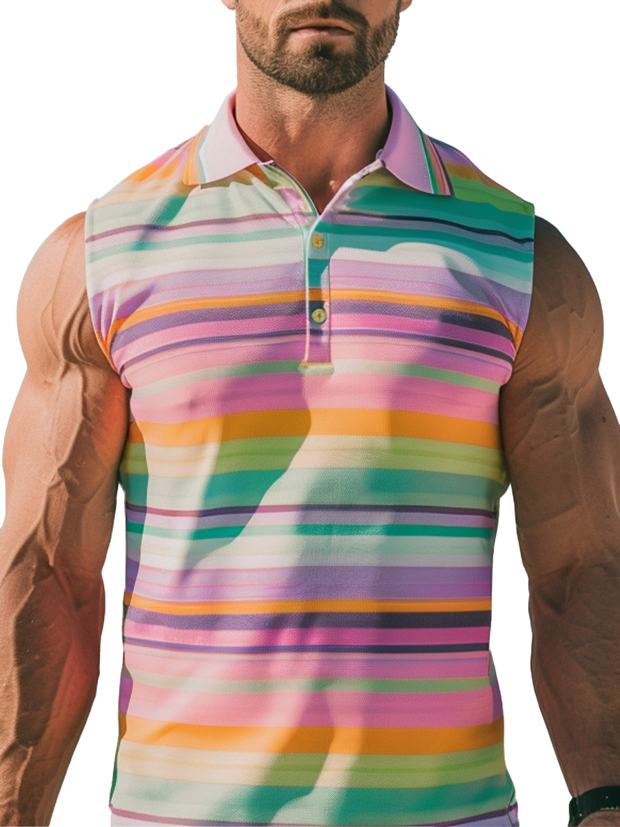 Men's Polo Art Rainbow Stripes Sleeveless POLO Shirt
