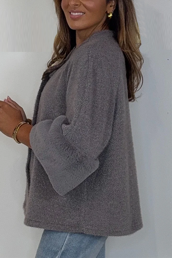 Textured Faux Fur Cuff Sleeve Cape Style Jacket