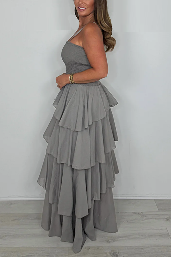 Spaghetti Strap Smocked Layered Bottom Maxi Dress