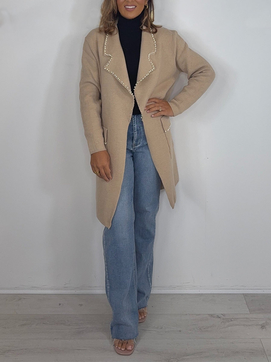 Beige Collared Pearl Edge Longline Cardigan