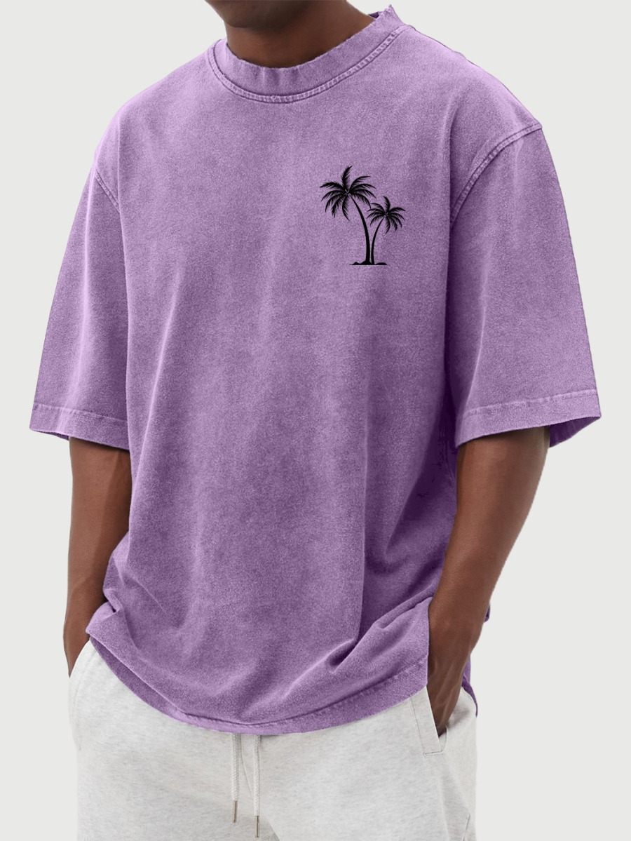Men's Cotton Washed Distressed Palm Tree Print Short Sleeved Round Nec