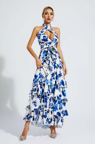 Mae Blue Bohemian Lace Up Maxi Dress
