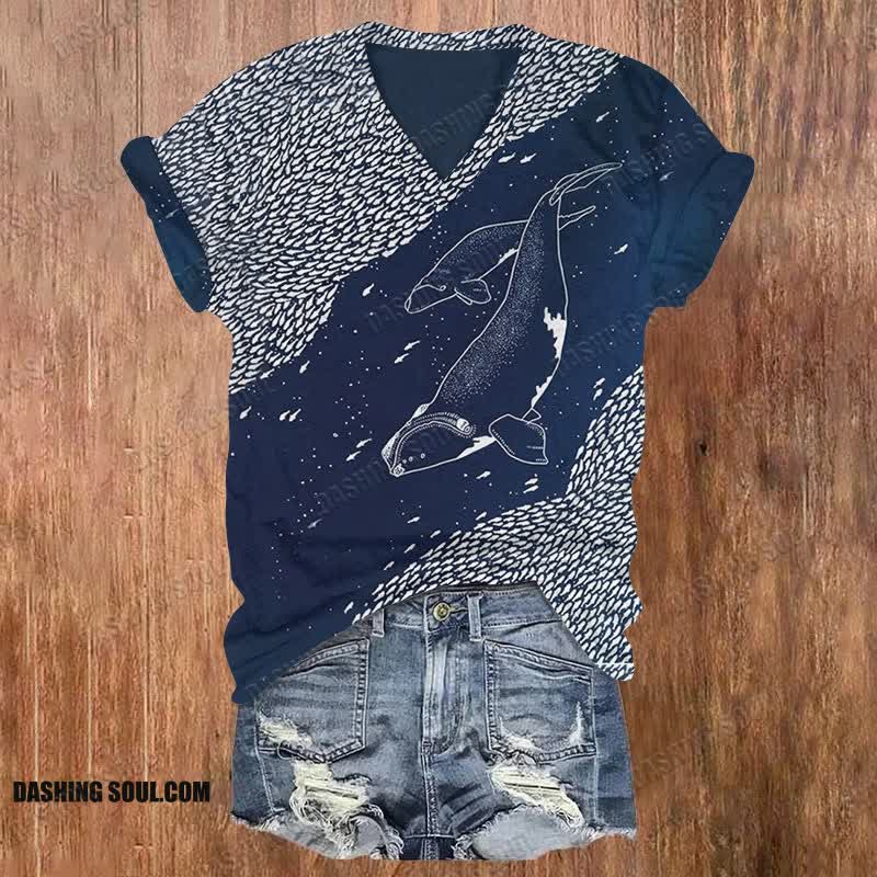 Whale And Fish Print T-shirt