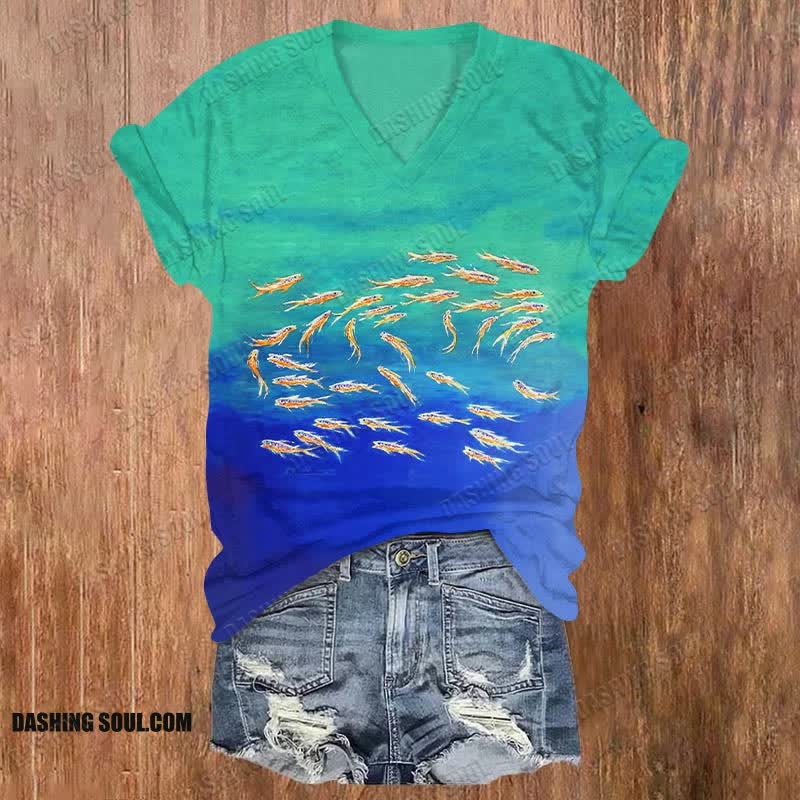 Contrasting Color Fun Fish Art Print T-shirt