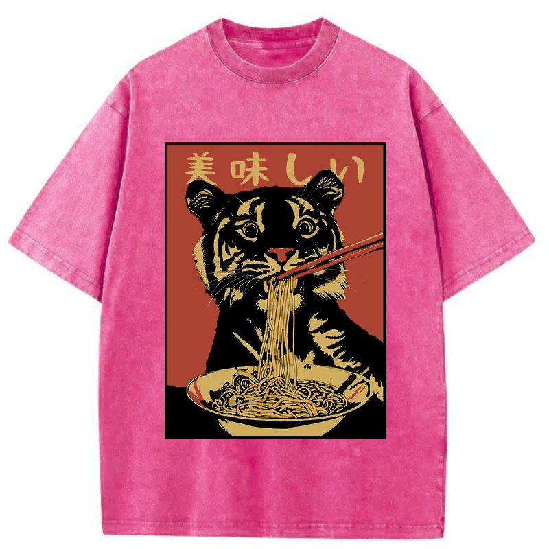 Tokyo-Tiger Tiger Eating Delicious Ramen Washed T-Shirt