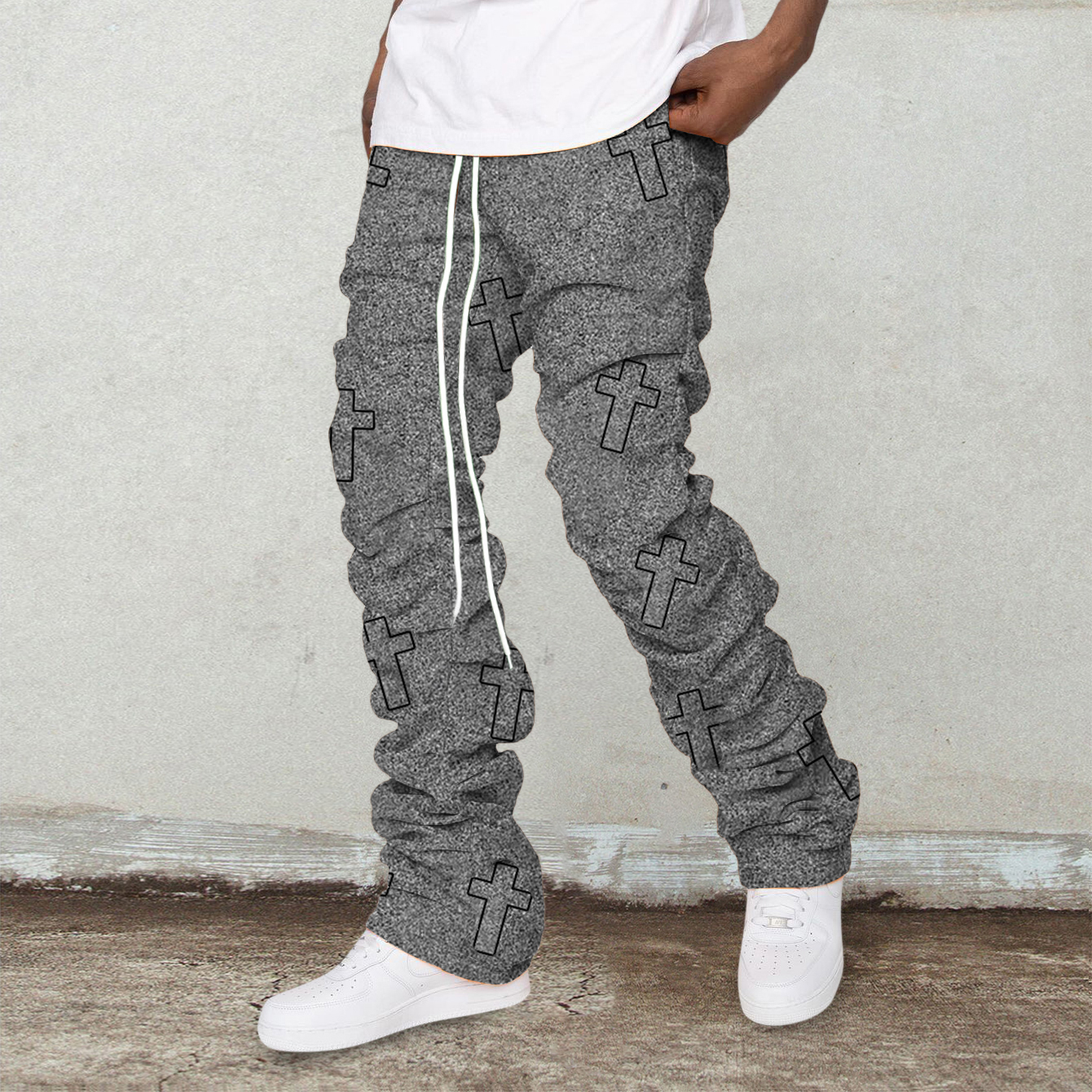 Floral Washed Cross Print Pile Pants