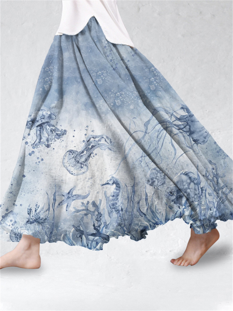 Sea Creatures Underwater Gradient Flowy Wide Skirt