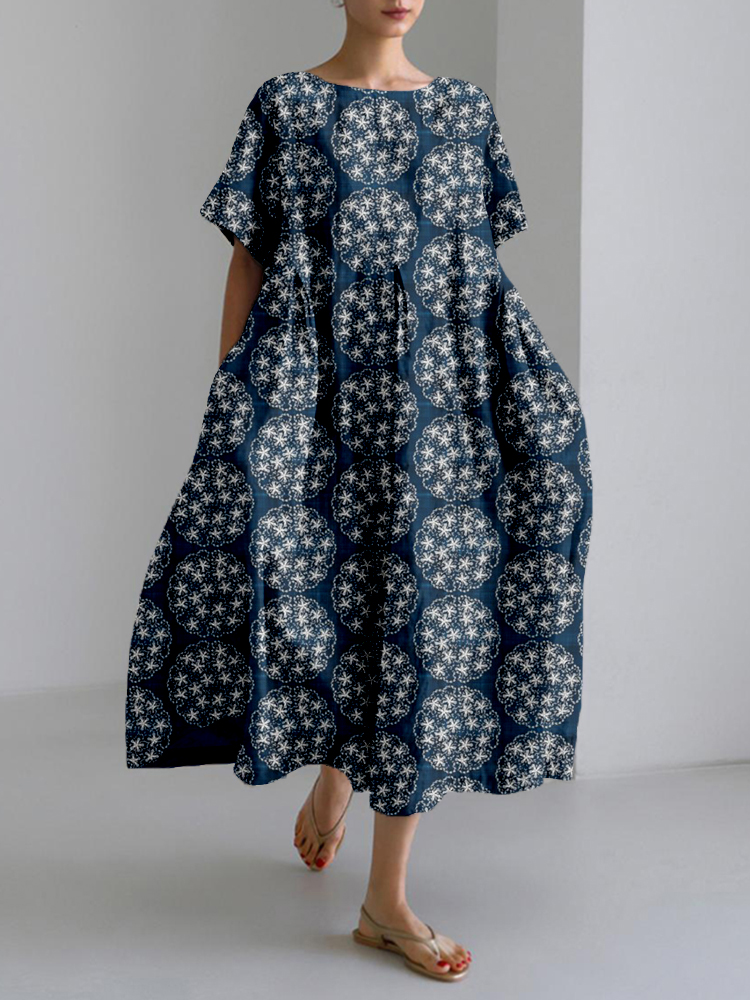 Yukiwa Flower Balls Japanese Sashiko Art Linen Blend Maxi Dress