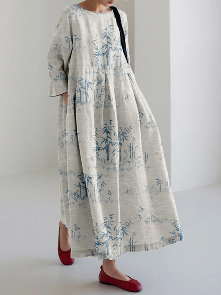 Minimalist Bamboo Art Linen Blend Maxi Dress – s