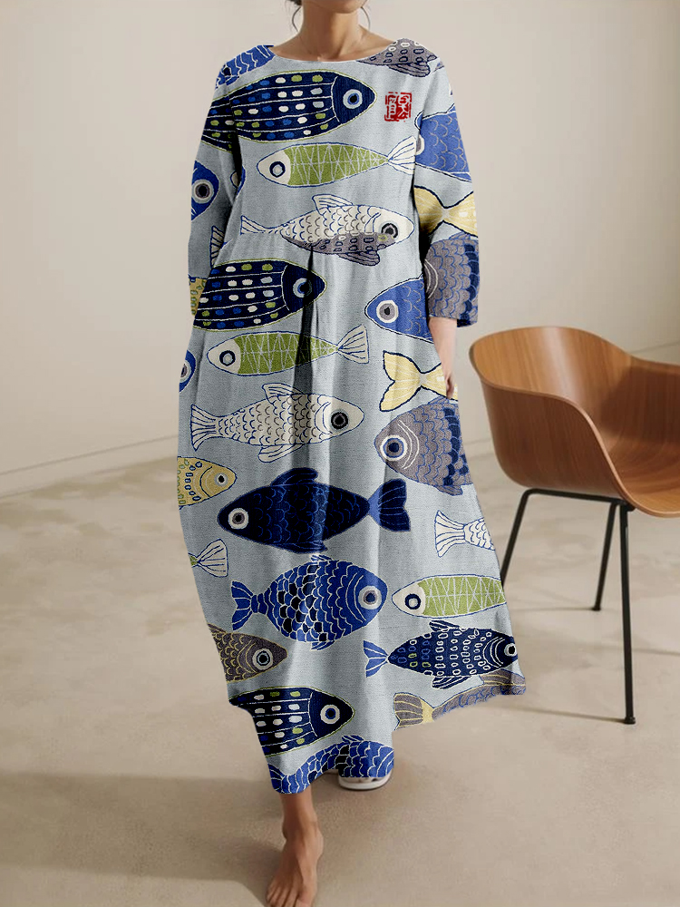 Vintage Fish Japanese Art Linen Blend Maxi Dress – s