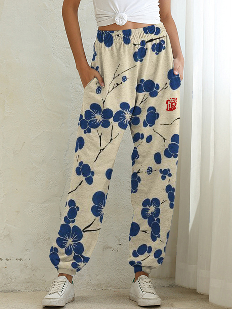 Cherry Blossom Japanese Lino Art Sweatpants – s