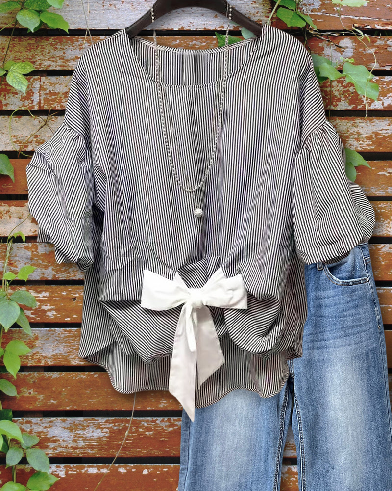 Vertical Striped Chic Bow Decor Irregular T-Shirt