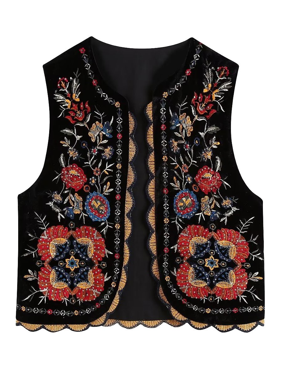 Vintage Floral Embroidered Velvet Vest