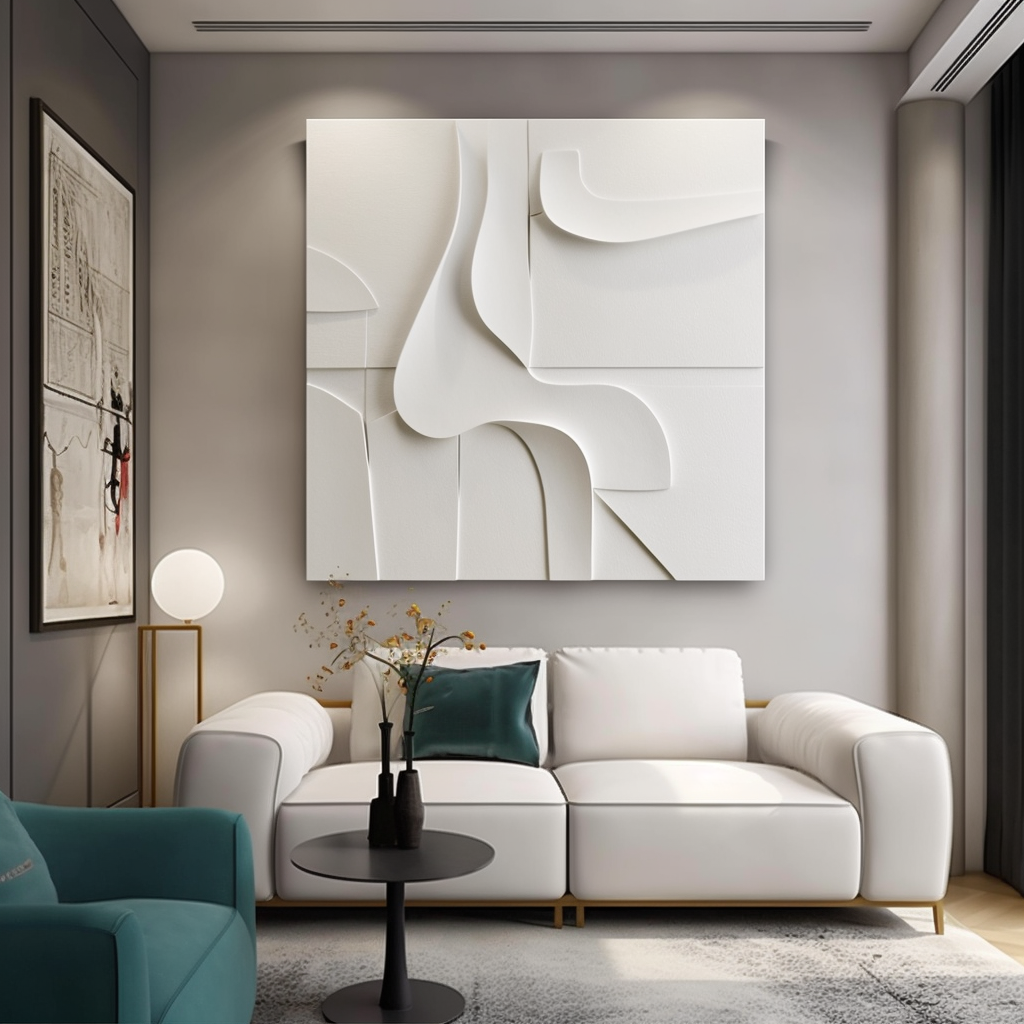 Large Original White Canvas Art, Hand-Crafted 3D Textured Abstract Wal