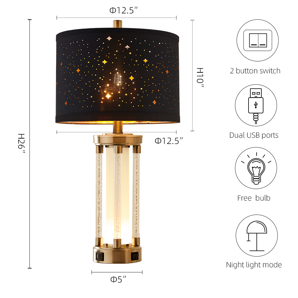 Fusion Crystal Table Lamps w. Night Light & USB Charging Port