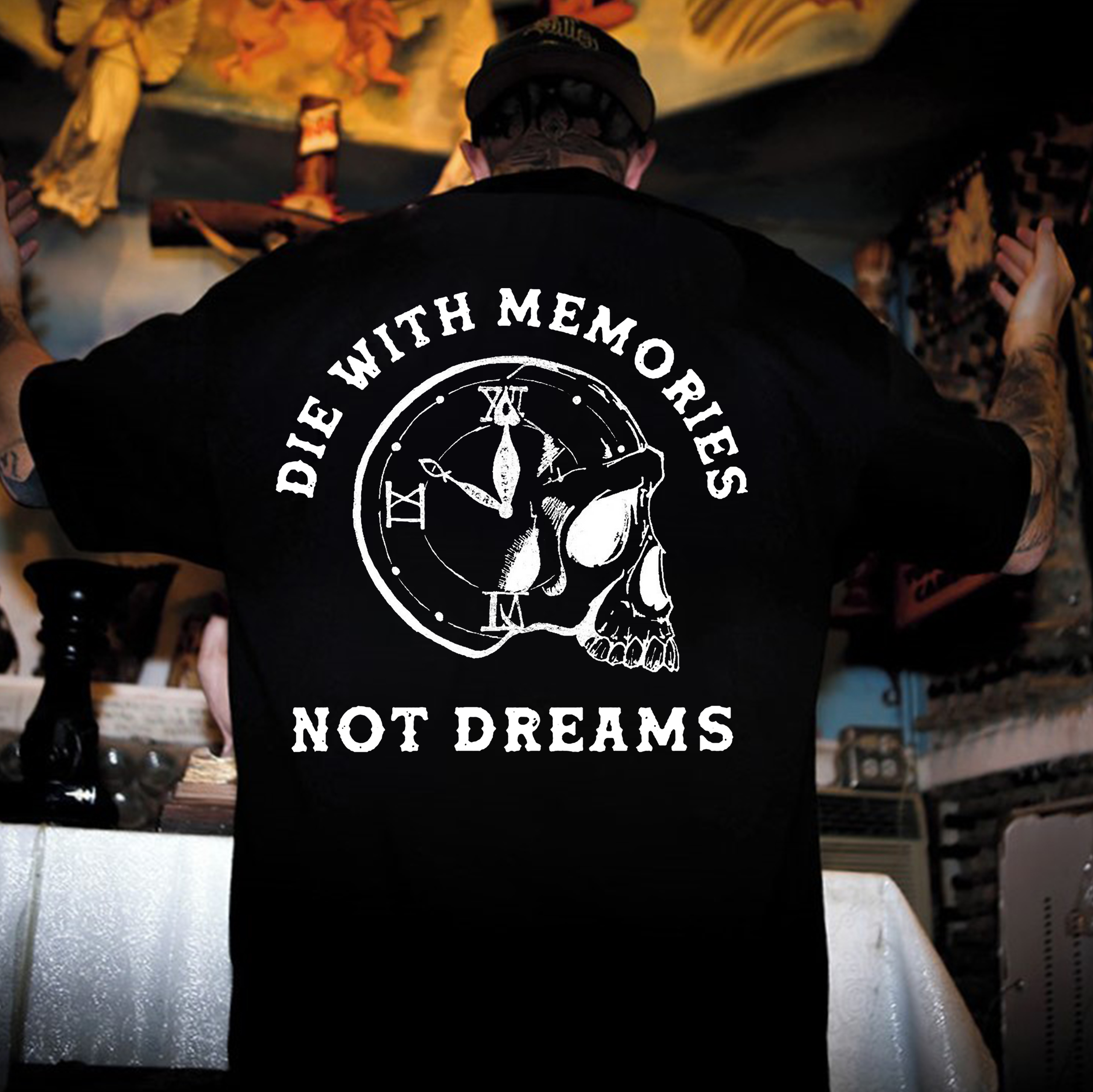 DIE WITH MEMORIES NOT DREAMS Skull Clock Print Men's T-Shirt – gomotoshine