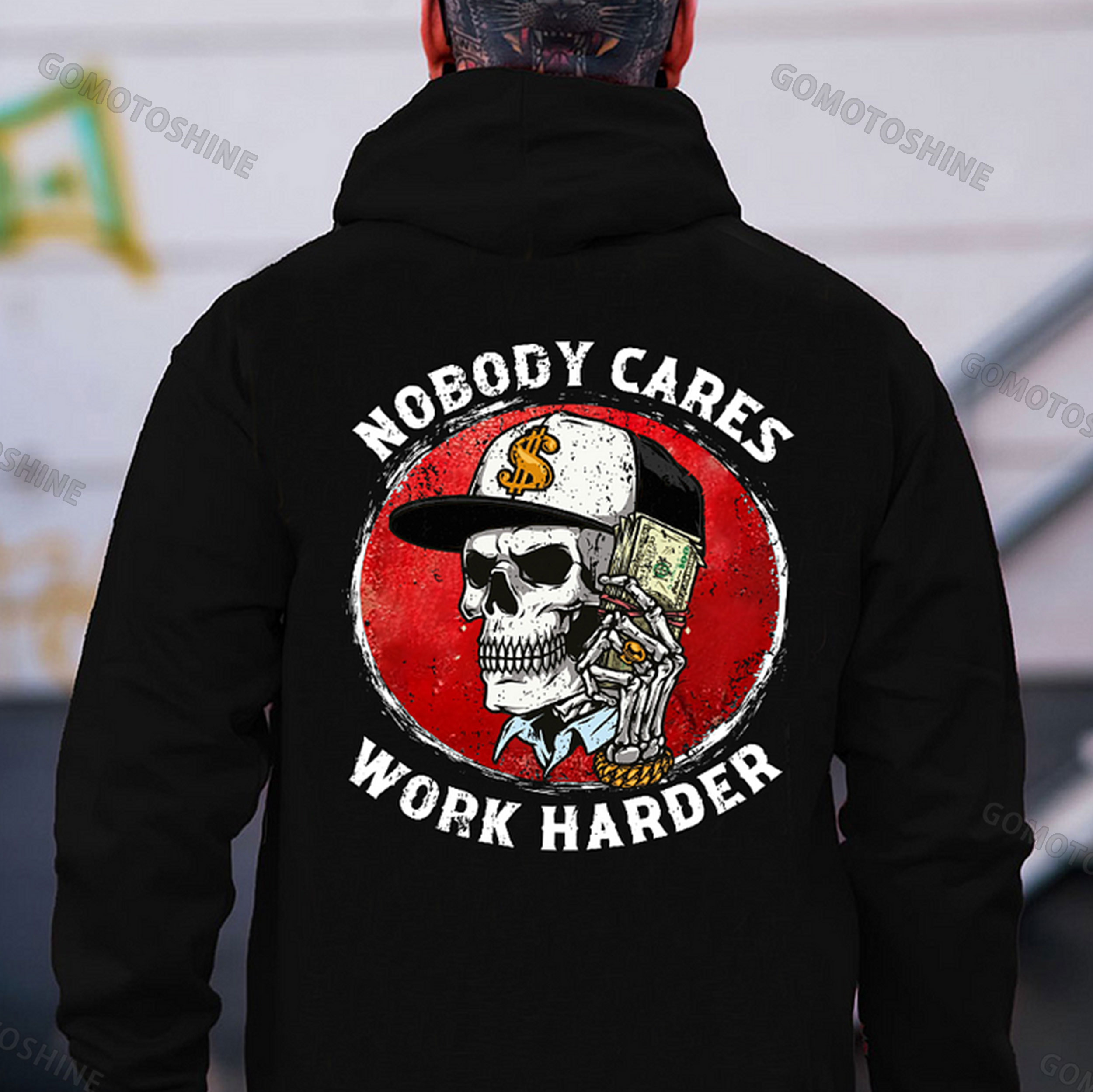 NOBODY CARES WORK HARDER Skeleton&Money Print Men's Hoodie – gomotoshine