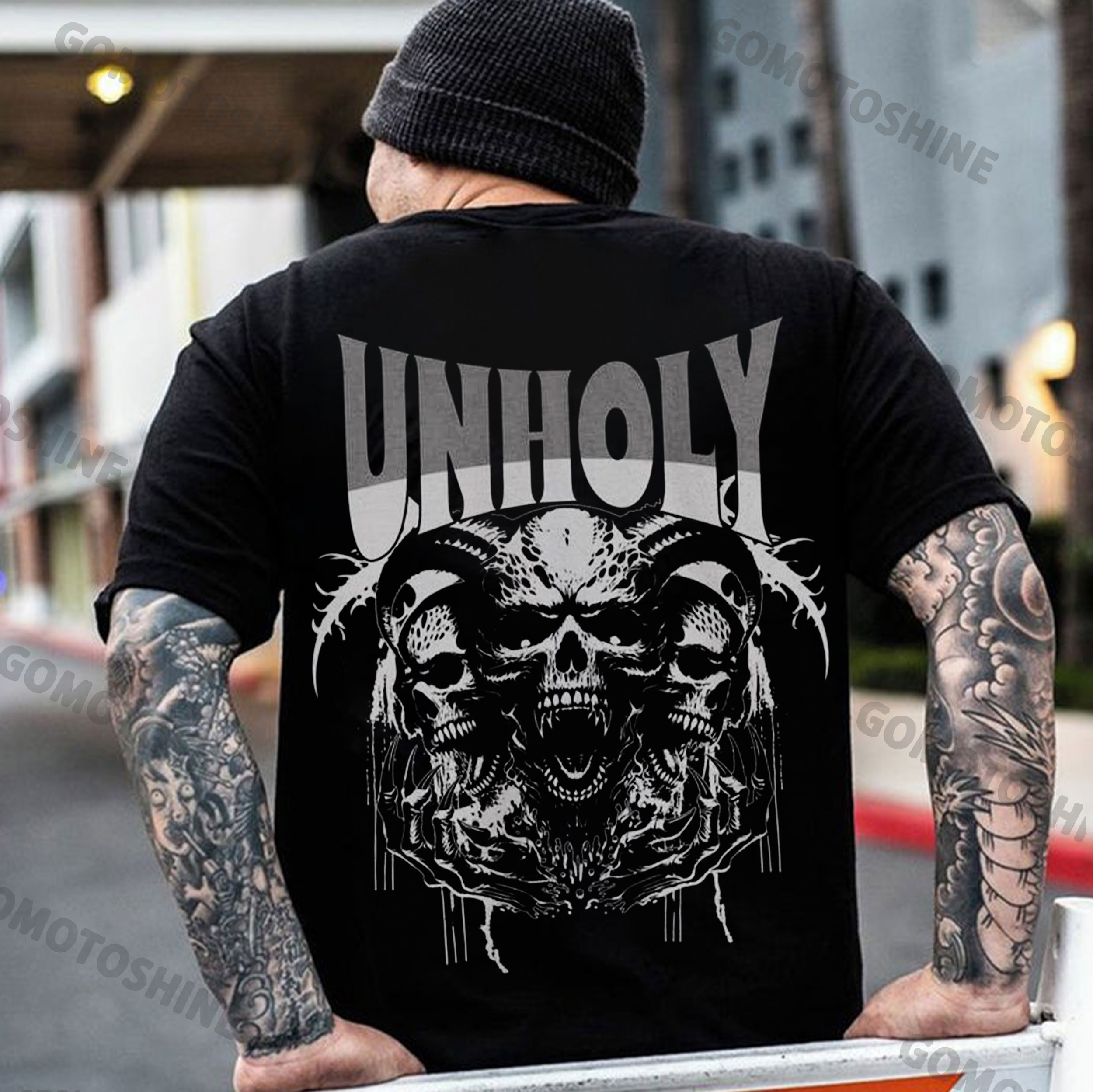UNHOLY Roaring Skeleton Print Men's T-Shirt – gomotoshine