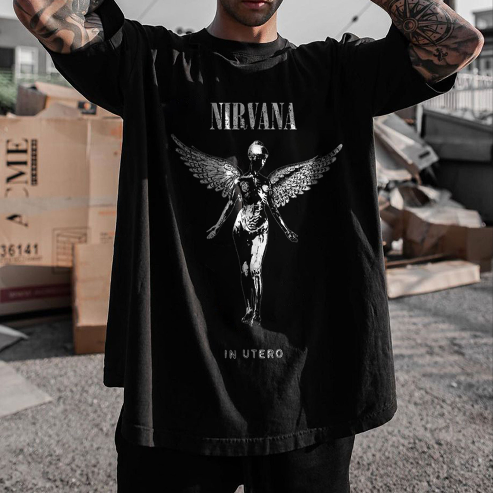 NIRVANA Angel with Wings Dark Style Black Print T-shirt – gomotoshine