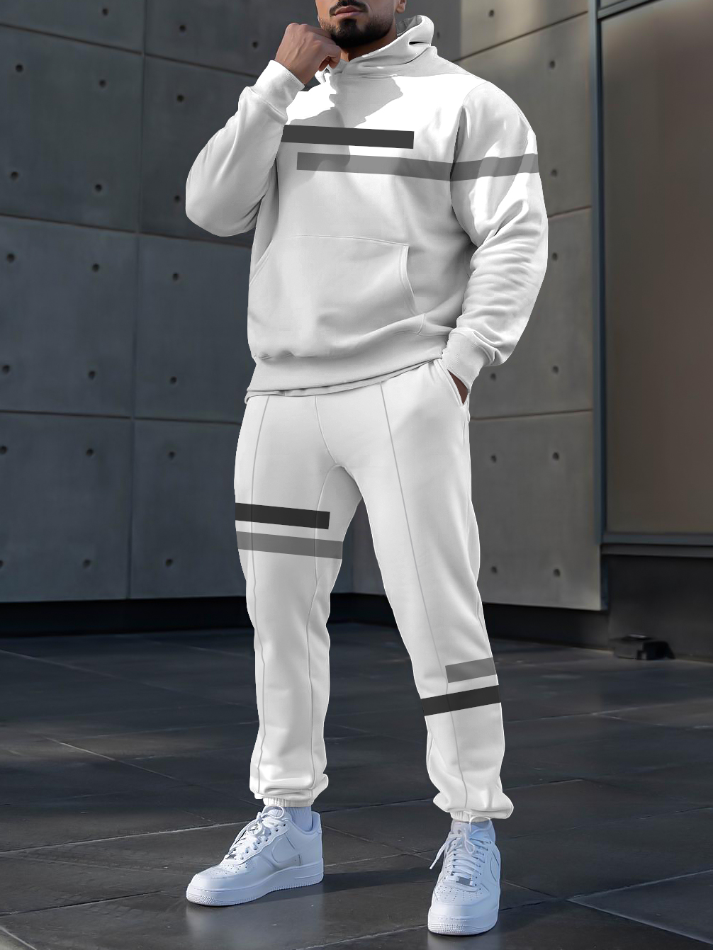 Mens Fashion Casual White Geometric Printed Hoodie Two Piece Set