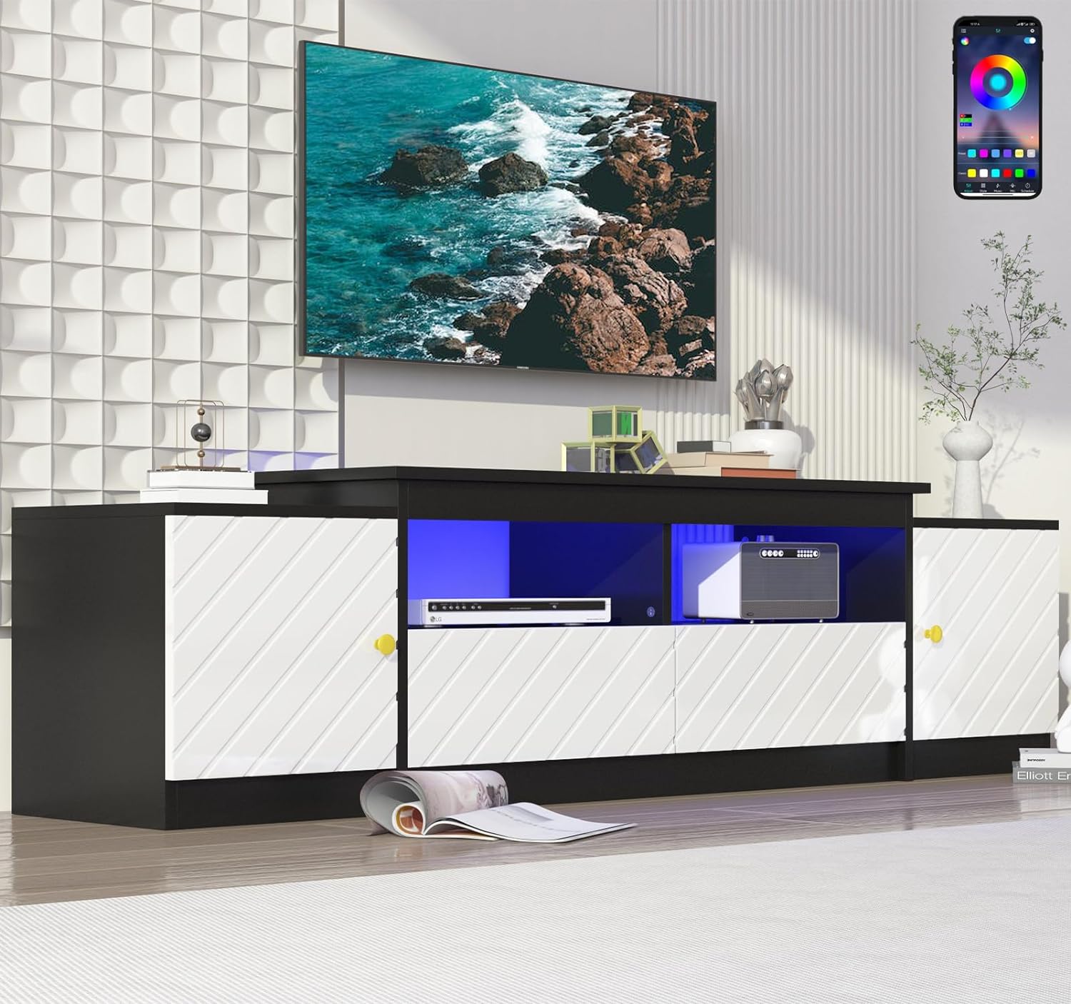 70in White TV Stand for 85/80/75 inch TV,High Glossy Modern TV Stand f