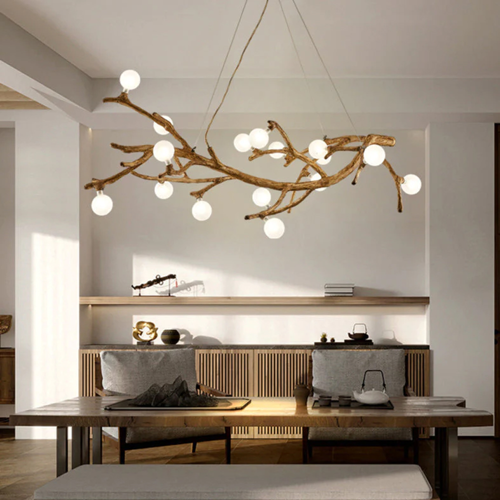 Nordic Rustic Tree Branch Hanging Chandelier with Bubble Glass lightin
