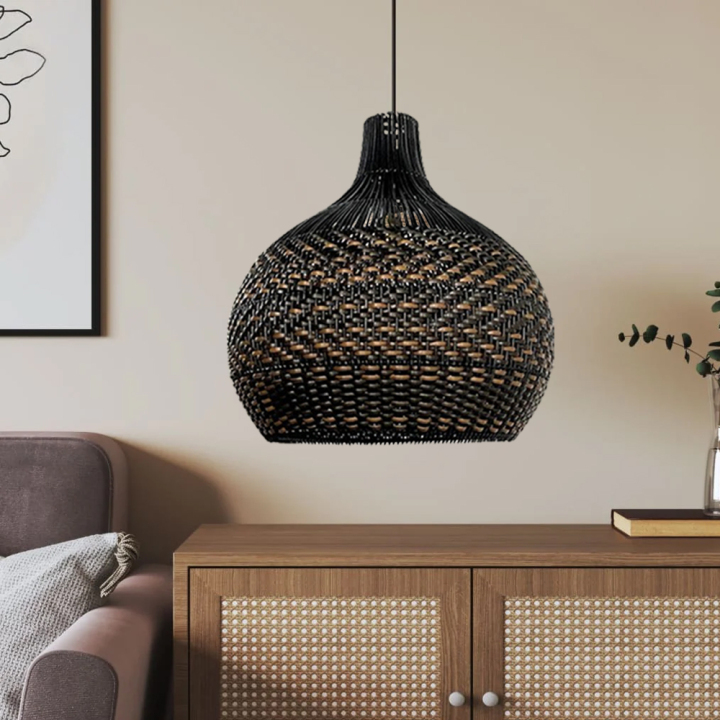 Royal Noble Black Rattan Pendant Light Fixture Dining Room Lampshade