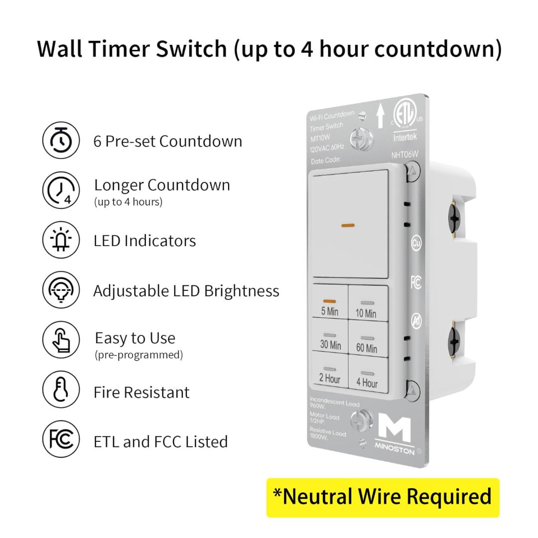 Minoston Wi-Fi 4 Hour Countdown Timer Switch for Bathroom Fans (MT10W)