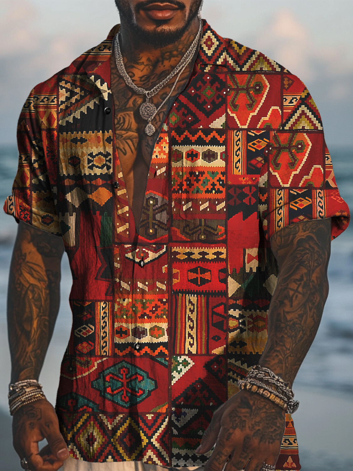 Men's Retro Tribe Traditional Geometric Pattern Short Sleeve Shirt ...