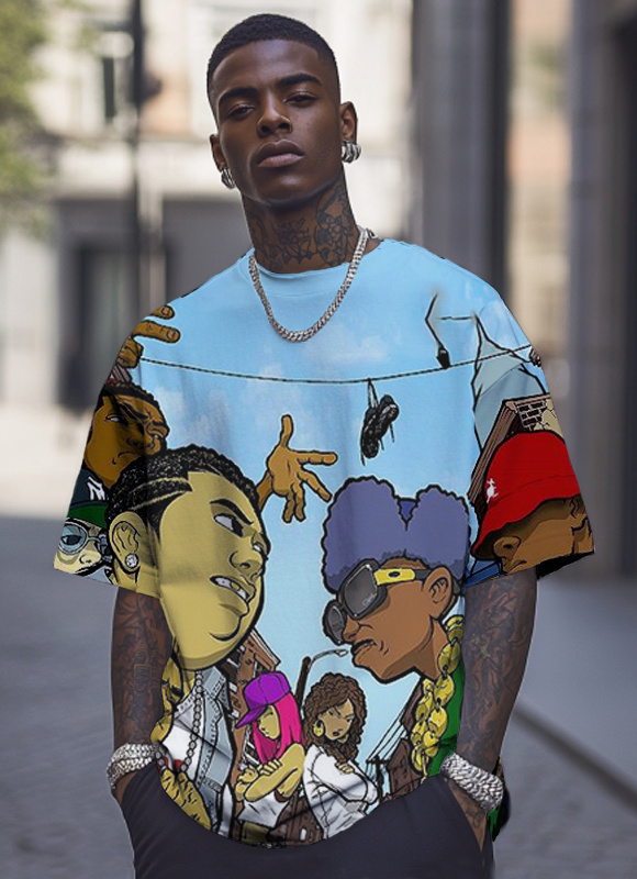 Men's Hip Hop Rappers Cartoon Illustration Print Casual T-Shirt