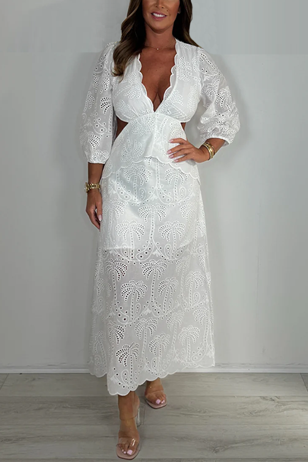 White Deep V Cut Out Laser Cut Midi Dress